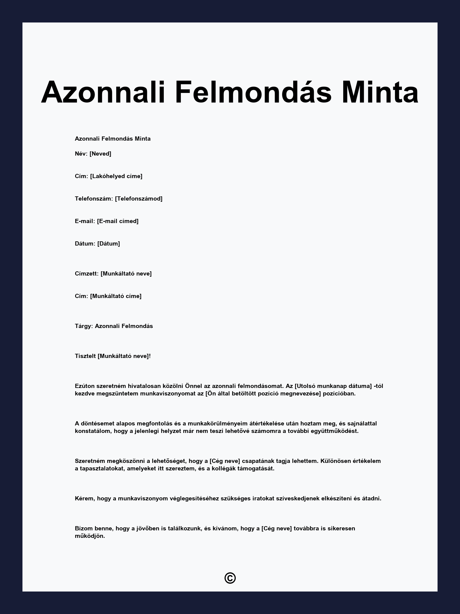 Azonnali Felmondás Minta