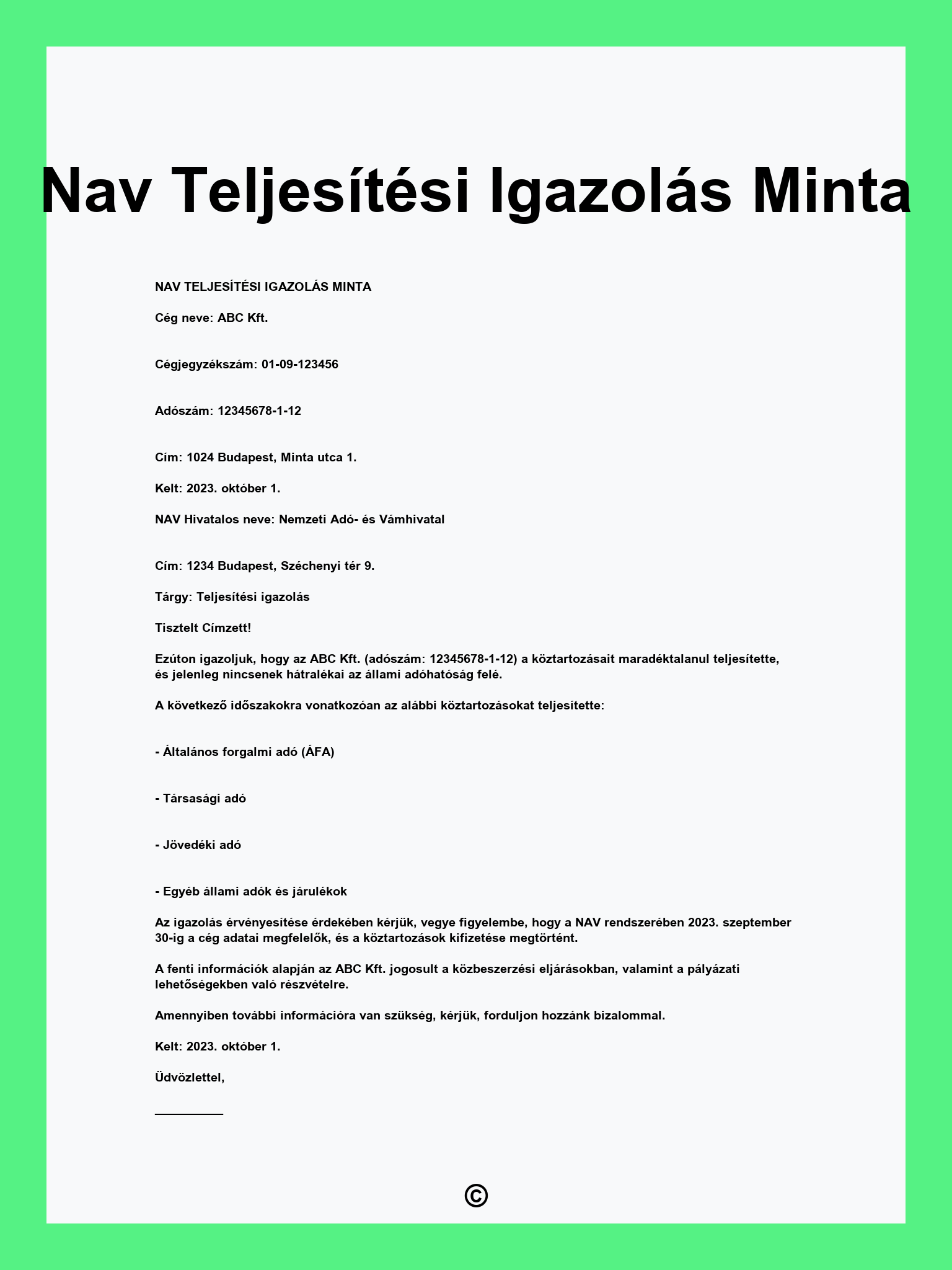 Nav Teljesítési Igazolás Minta