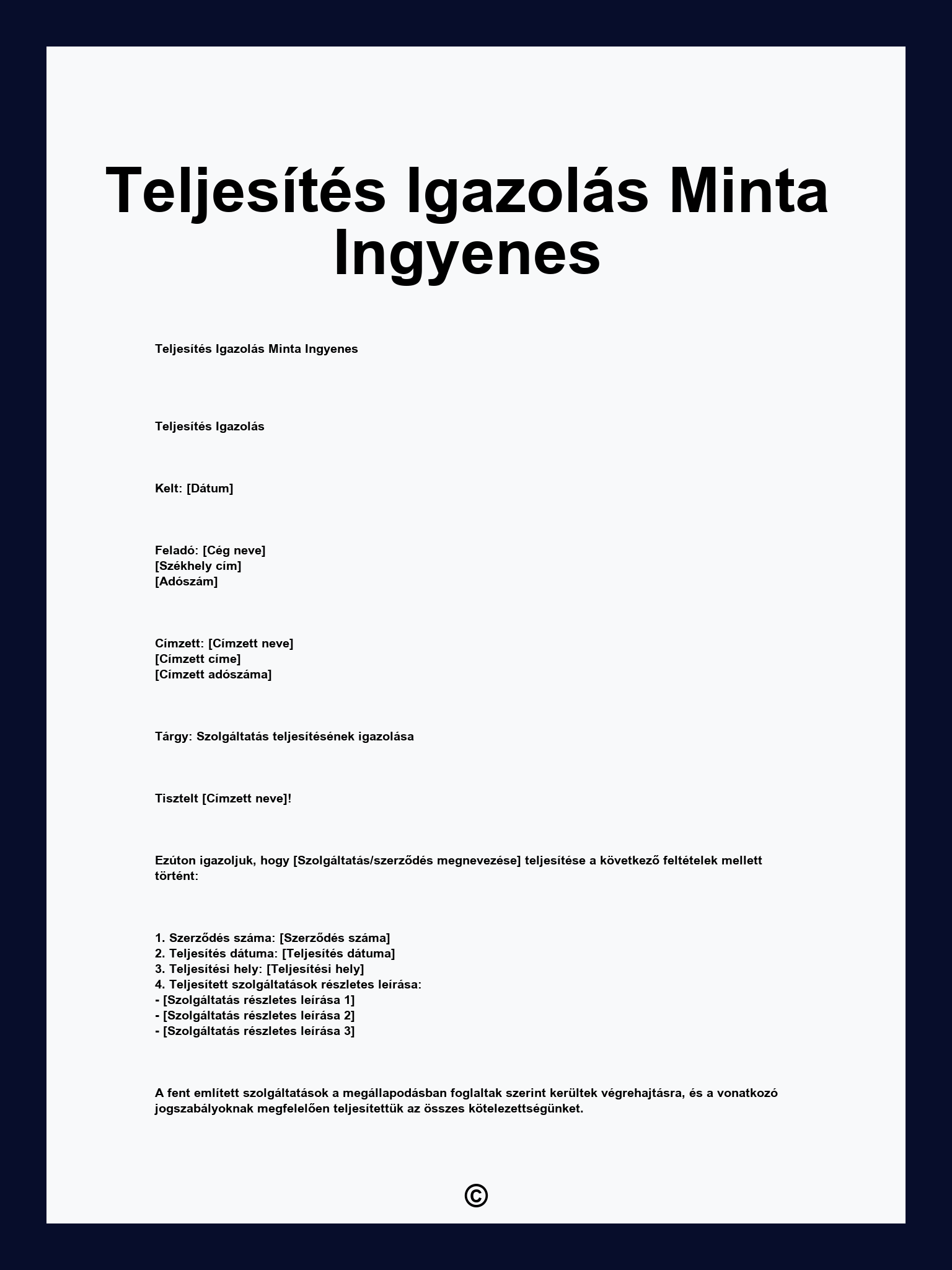 Teljesítés Igazolás Minta Ingyenes